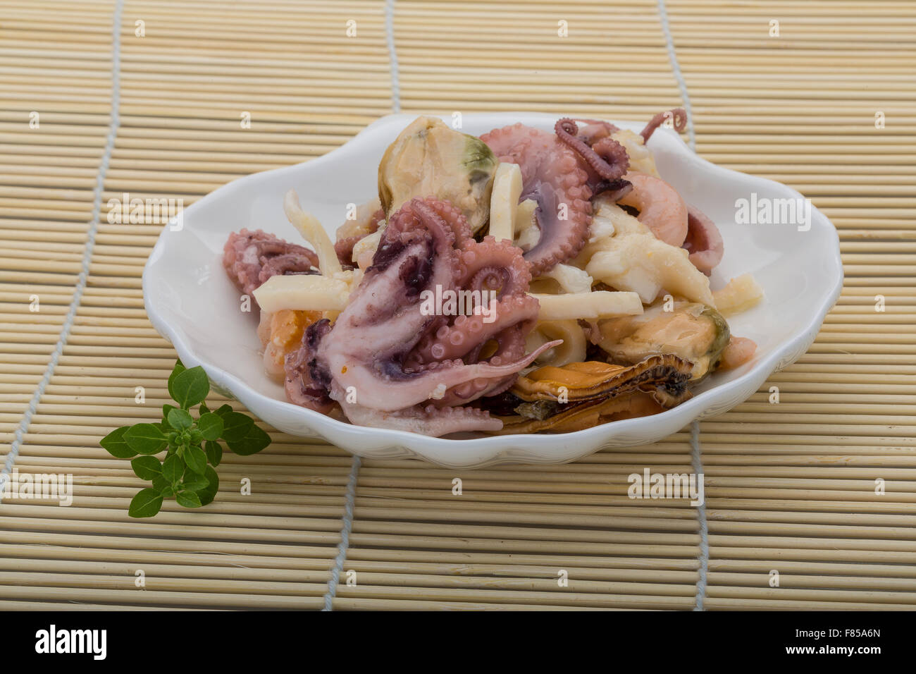 Seafood cocktail with octopus, shrimp, calamari and mussel Stock Photo ...