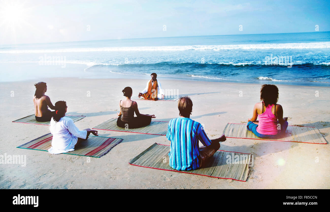 Healthy Yoga Class By The Beach Meditation Concept Stock Photo - Alamy
