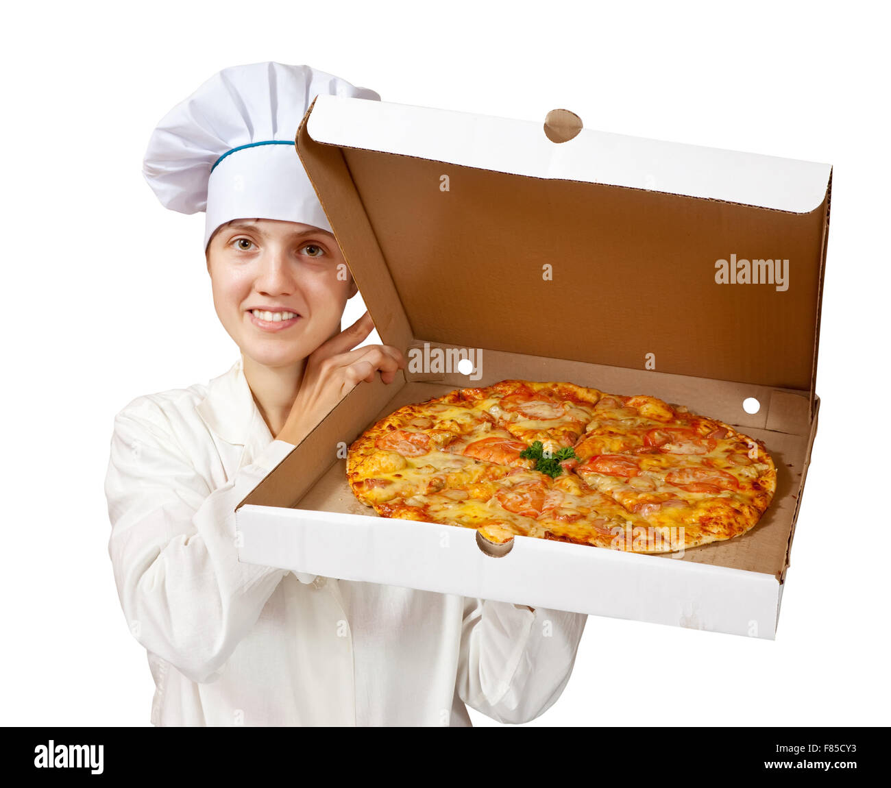 female cook with cooked pizza. Isolated over white background Stock ...