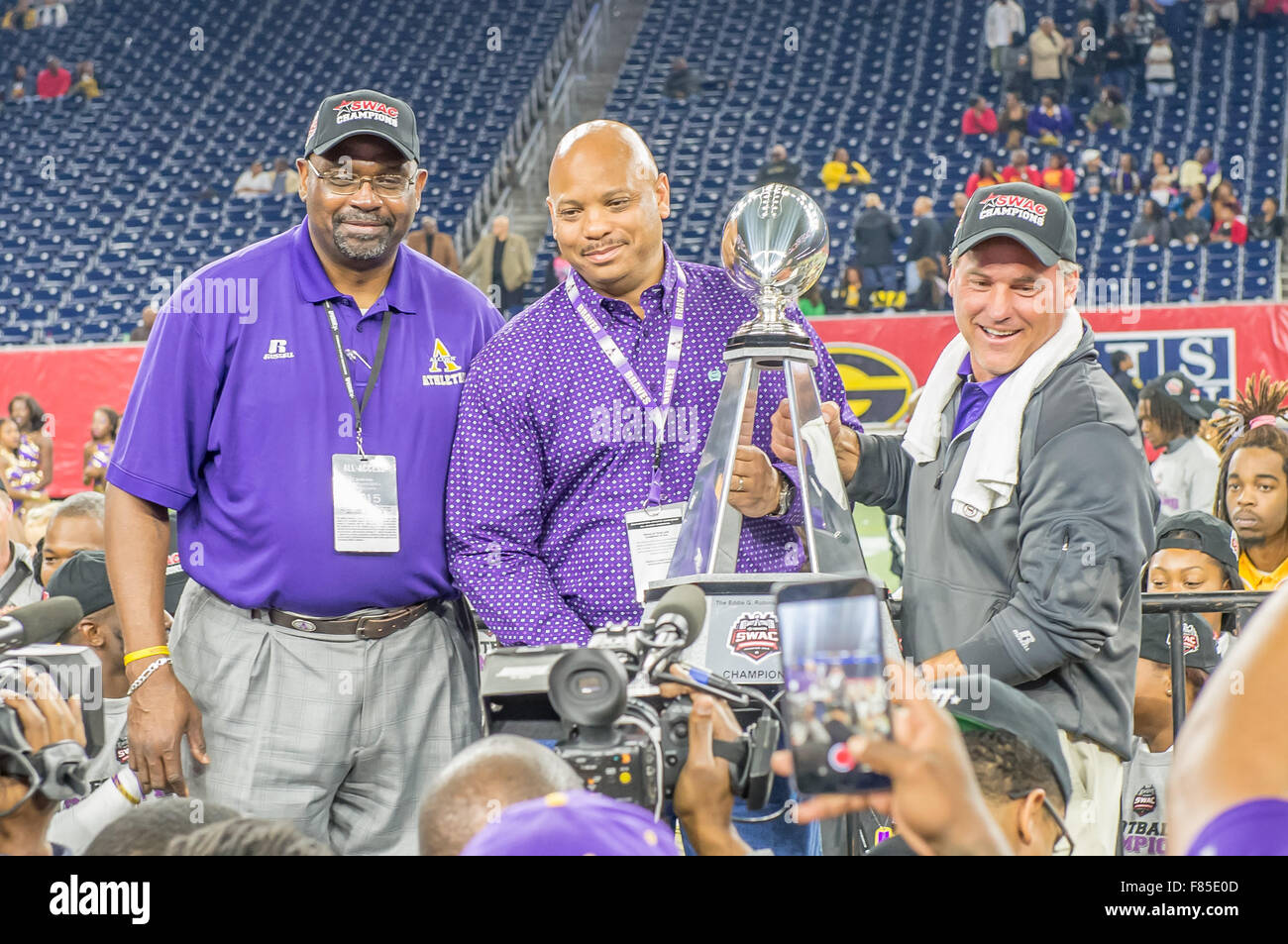 December 5, 2015 - Alcorn head coach Jay Hopson (l) is jubilant while ...
