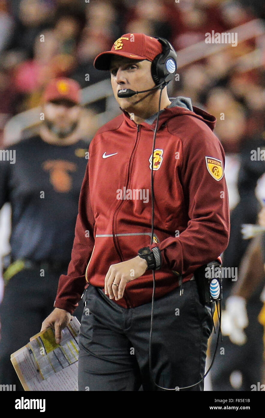Santa Clara, USA, CA. 05th Dec, 2015. USC Head Coach Clay Helton take a ...