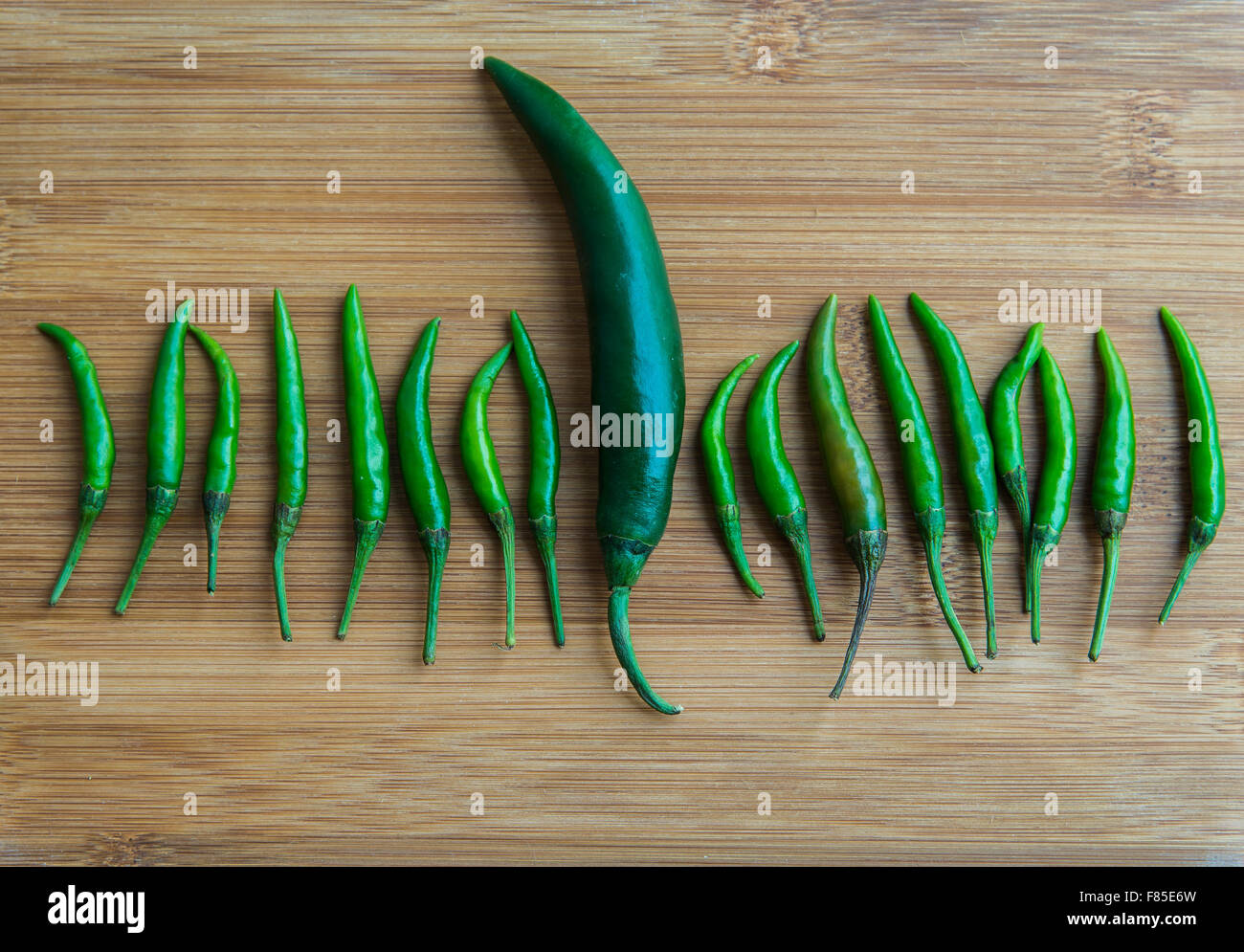 A big green chilli pepper in small Green chilli pepper on chopping ...