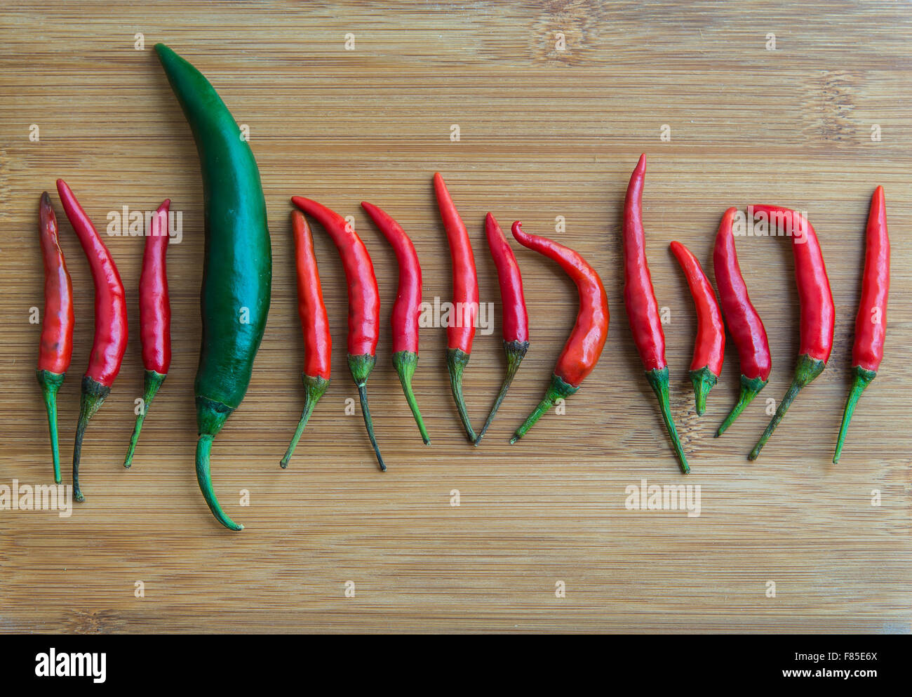 A big green chilli pepper in small Red chilli pepper on chopping block ...
