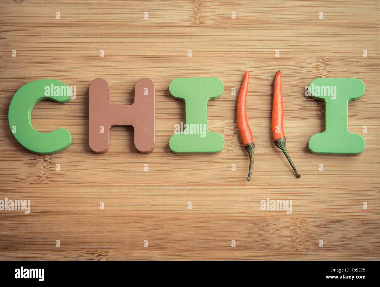 Chilli wooden word on chopping block in vintage style Stock Photo - Alamy
