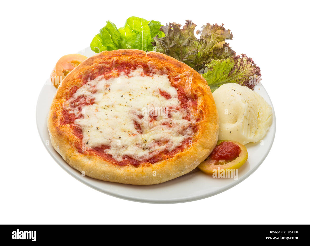 Round pizza with tomato and cheese Stock Photo - Alamy