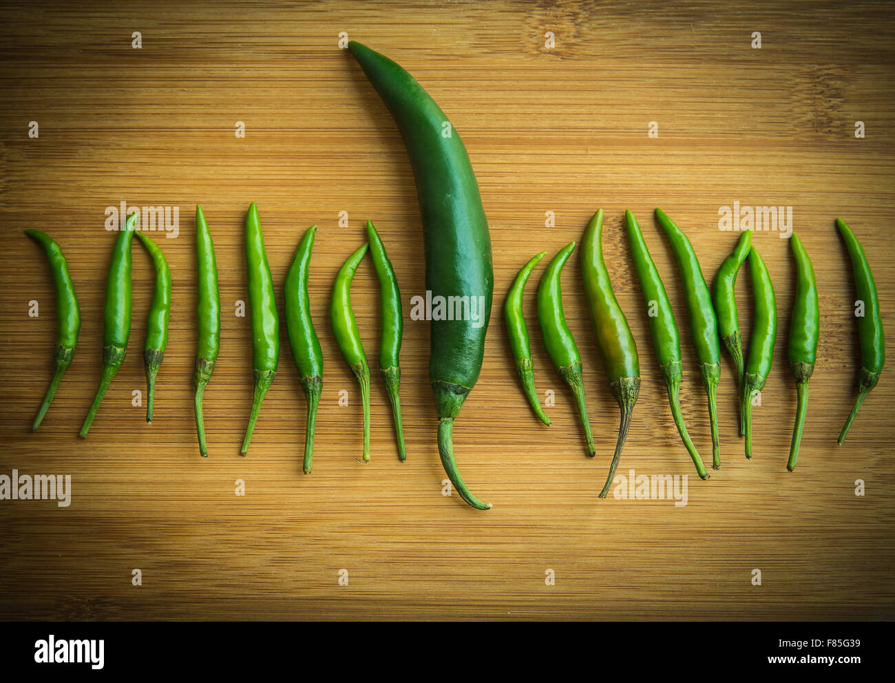 A big green chilli pepper in small Green chilli pepper on chopping ...