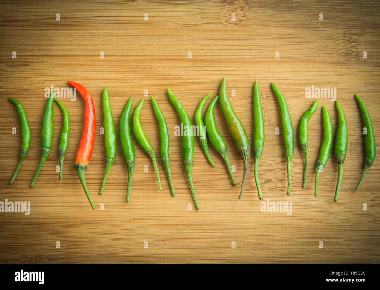 A red chilli pepper in Green chilli pepper on chopping block 2 Stock ...