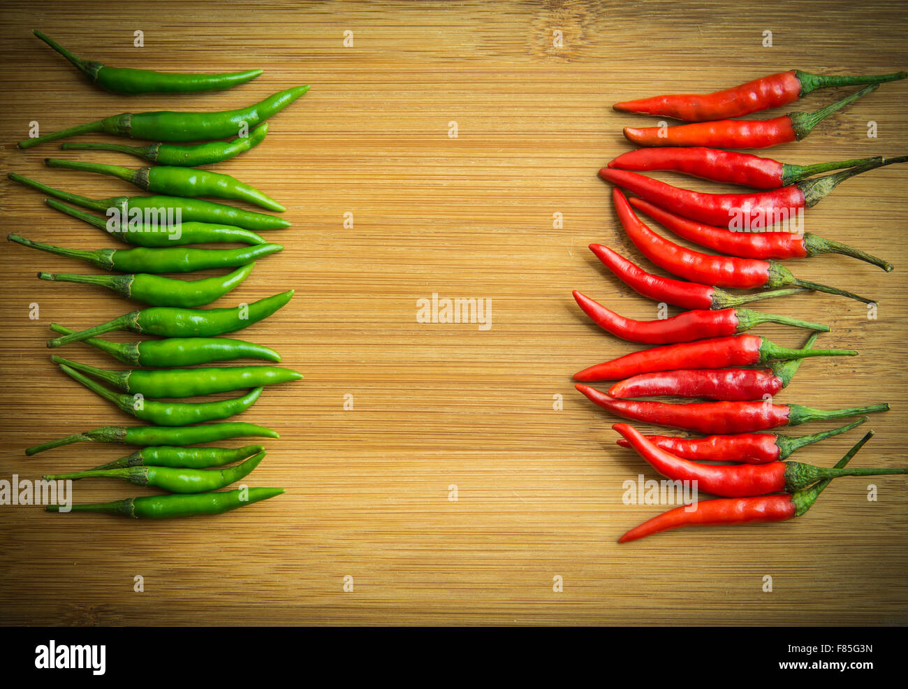 Green chilli pepper on Left side and Red chilli pepper on right side of ...