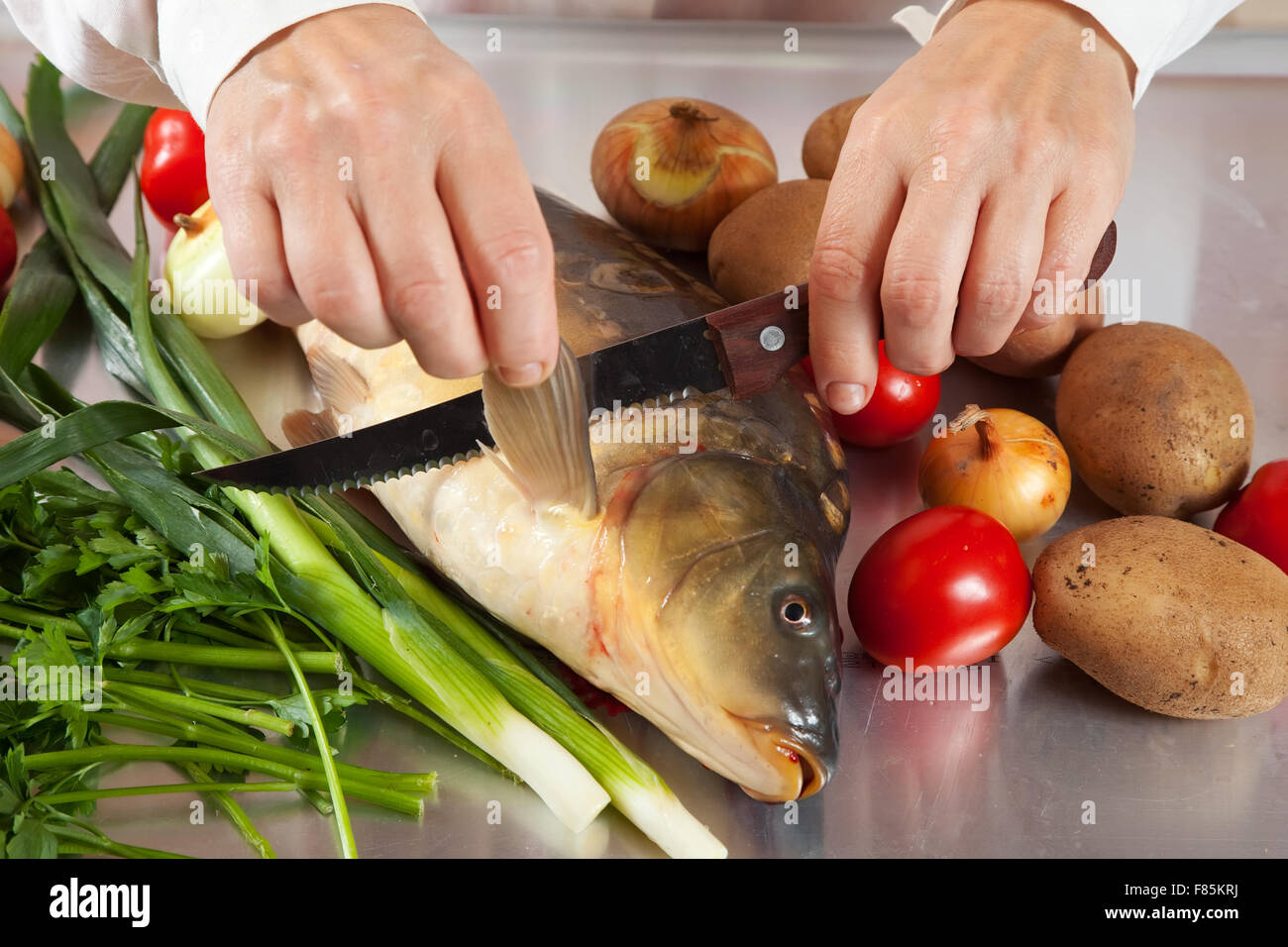 Cook hands cooking carp fish in kitchen Stock Photo - Alamy