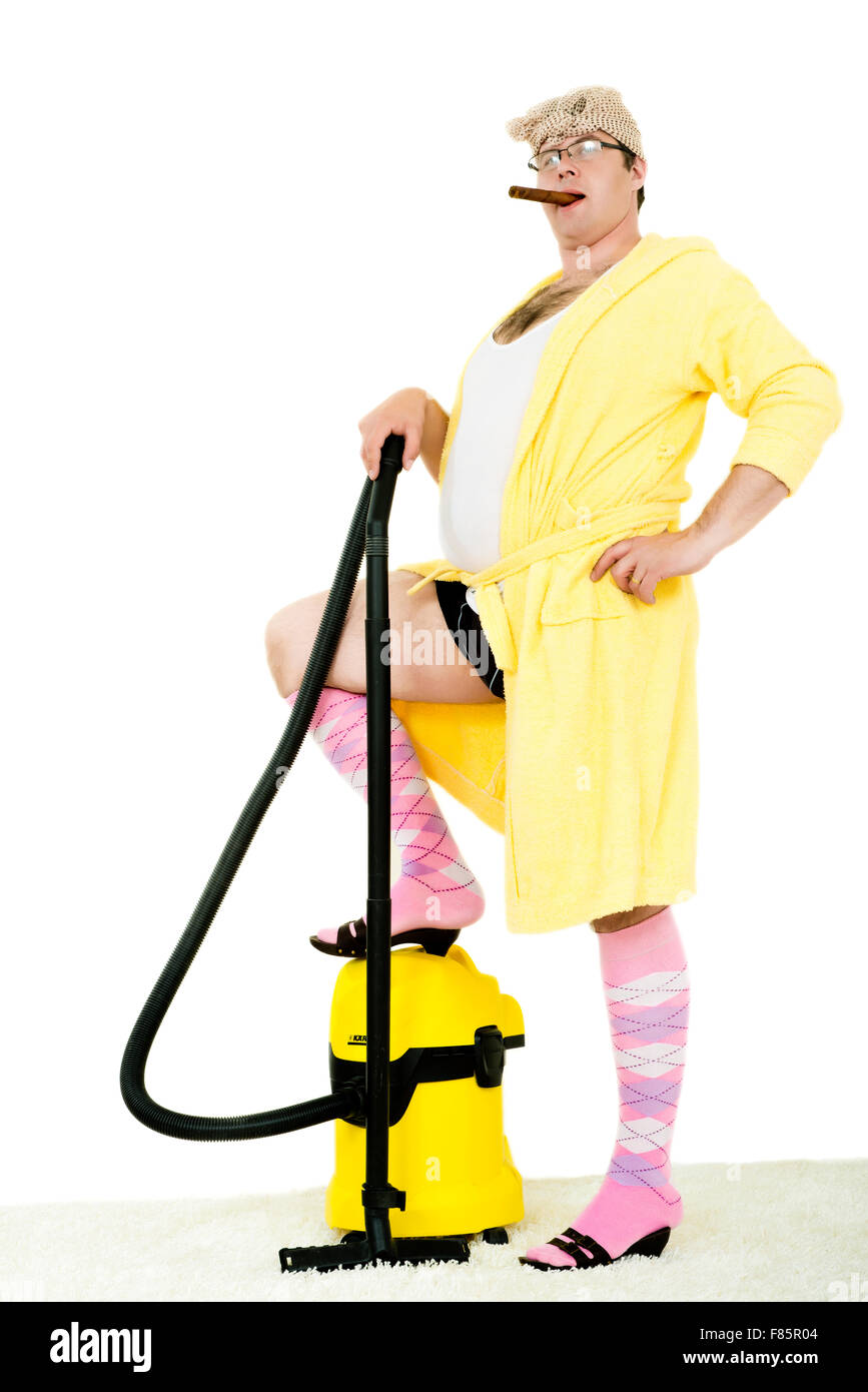 crazy carpet cleaner vacuuming with vacuum cleaner in the yellow robe ...