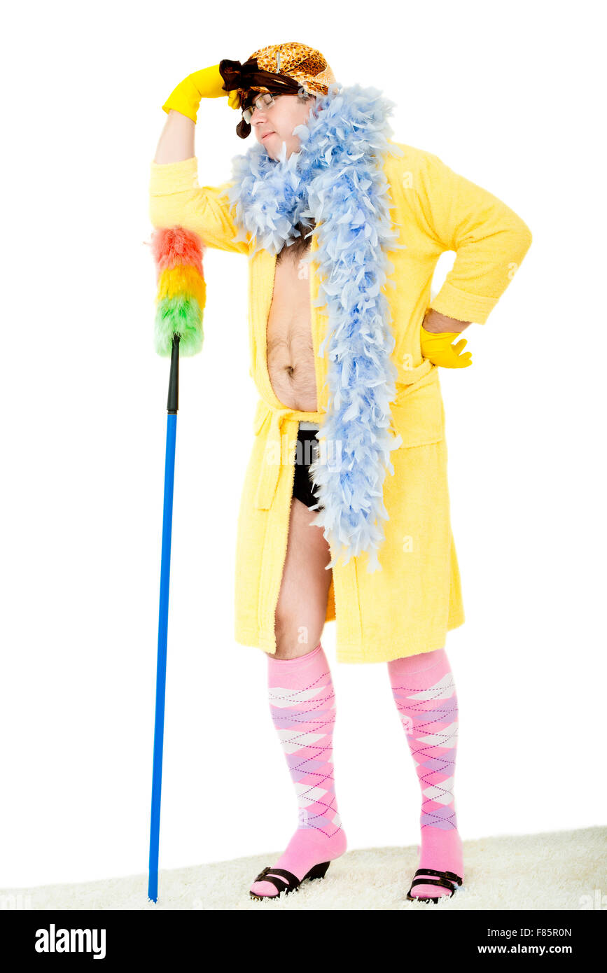 crazy carpet cleaner vacuuming with vacuum cleaner in the yellow robe ...