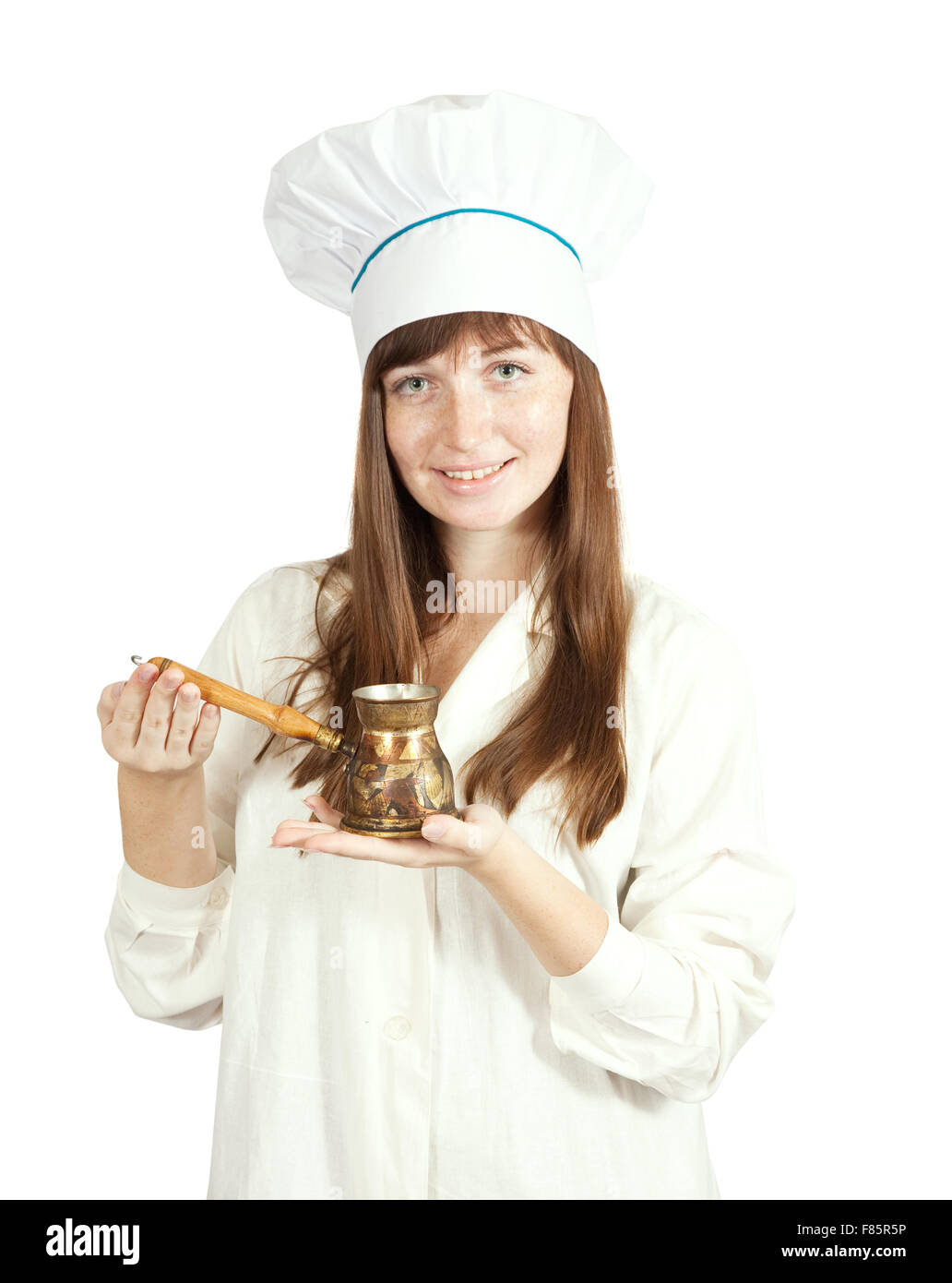 Portrait of female cook with cezve over white Stock Photo - Alamy