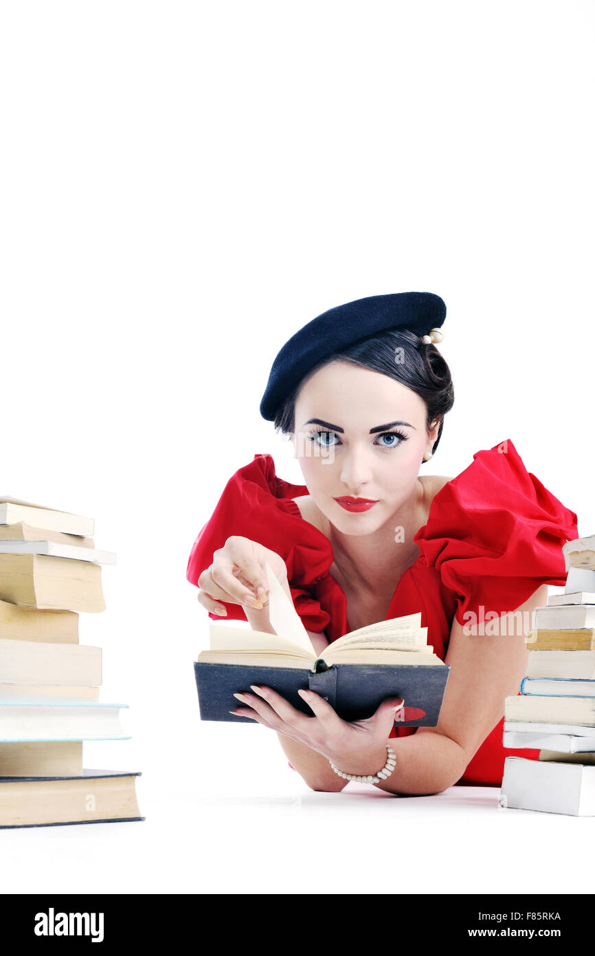 young student woman in retro clothes read book and get education for ...