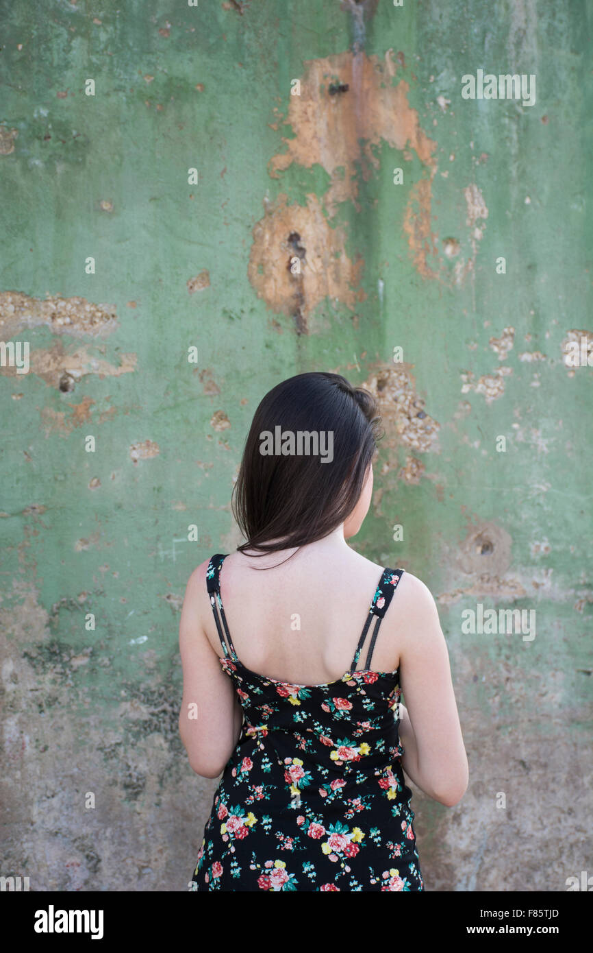 Rear view of a slim young woman wearing a summer dress outdoors Stock ...