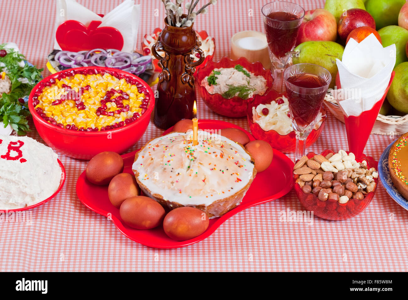 Easter table with celebrate cake and other foods Stock Photo - Alamy