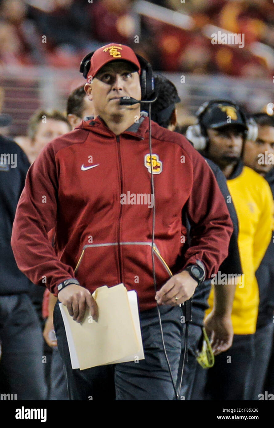 Santa Clara, USA, CA. 05th Dec, 2015. USC Head Coach Clay Helton take a ...