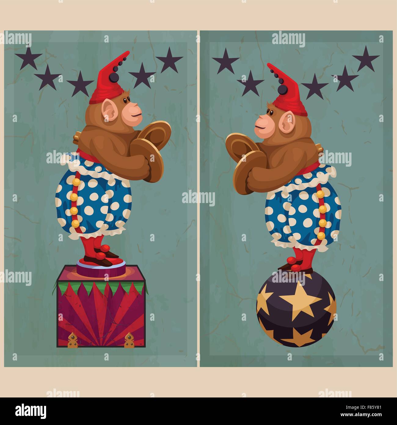 Vintage wind-up toy monkey with timpani and red hubcap. Vector retro ...