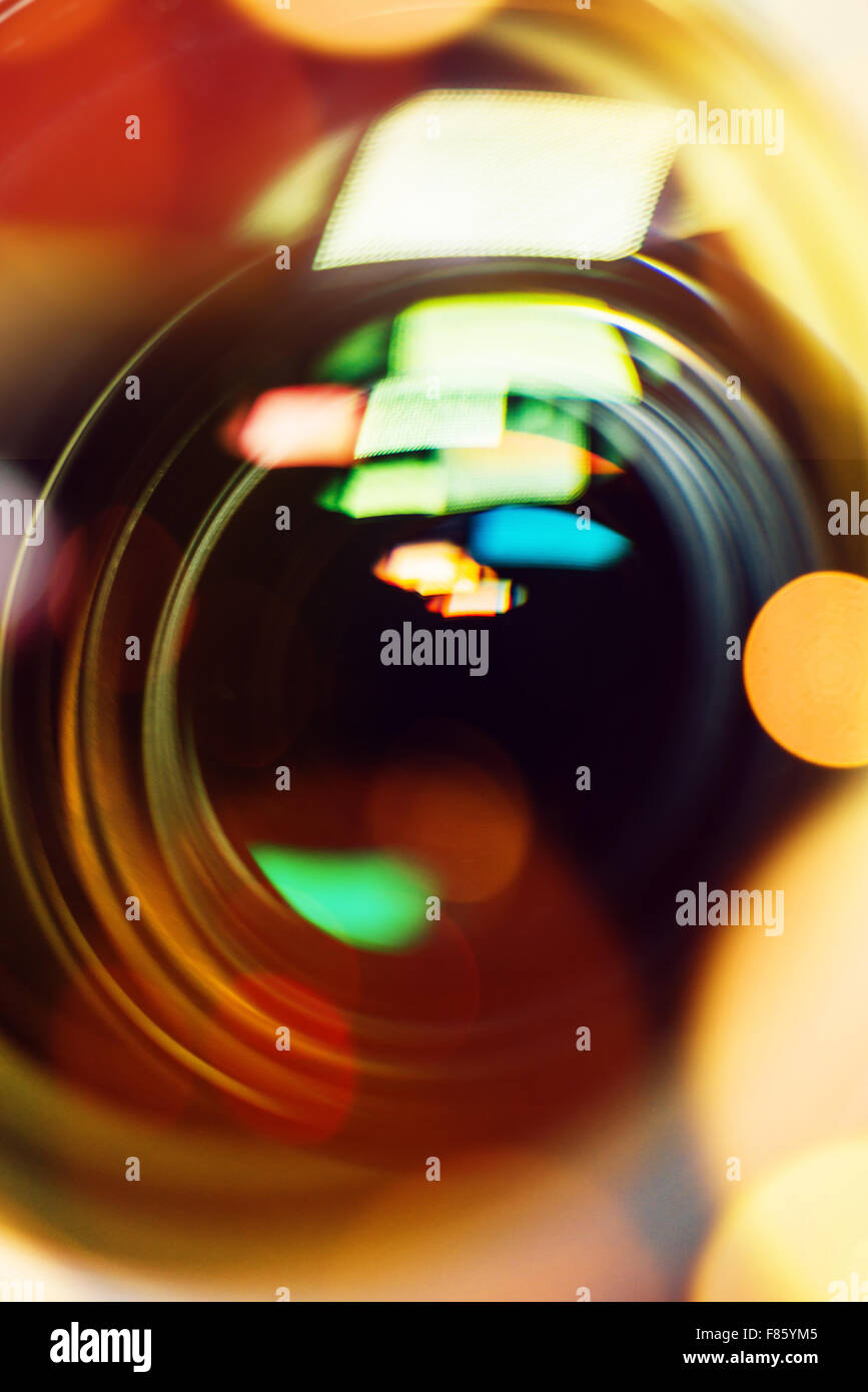 Photographic camera lens close up front view with bokeh light Stock ...