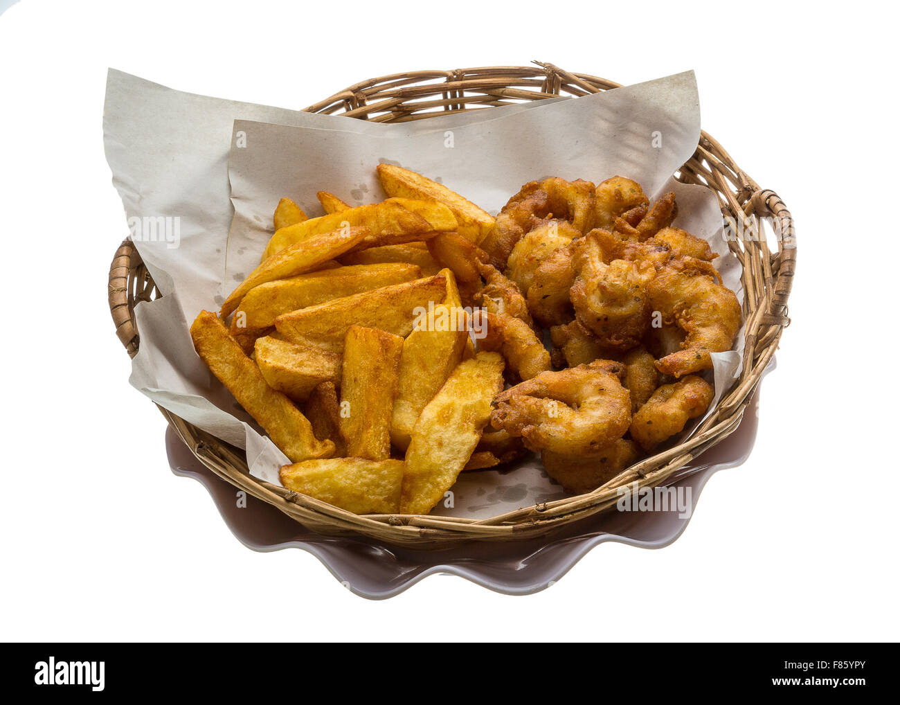 Seafood basket with shrimps, squids and potato Stock Photo - Alamy