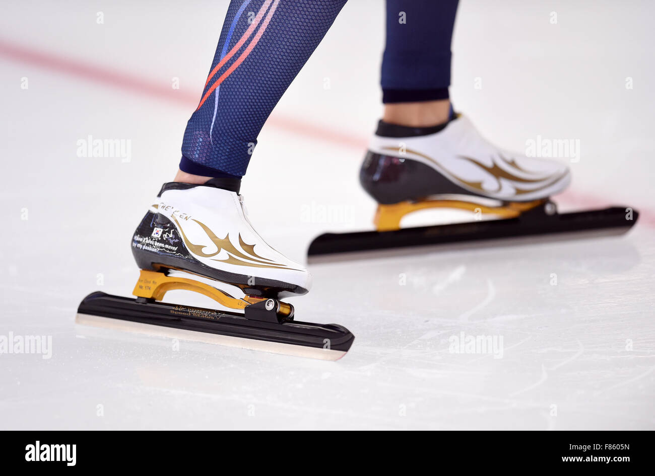 A speed skater's skates at the start of the Speed Skating World Cup in ...