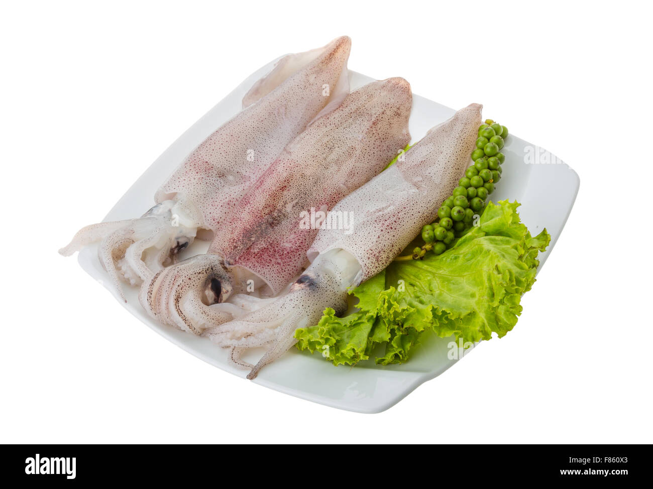 Raw calamari isolated on white background Stock Photo - Alamy