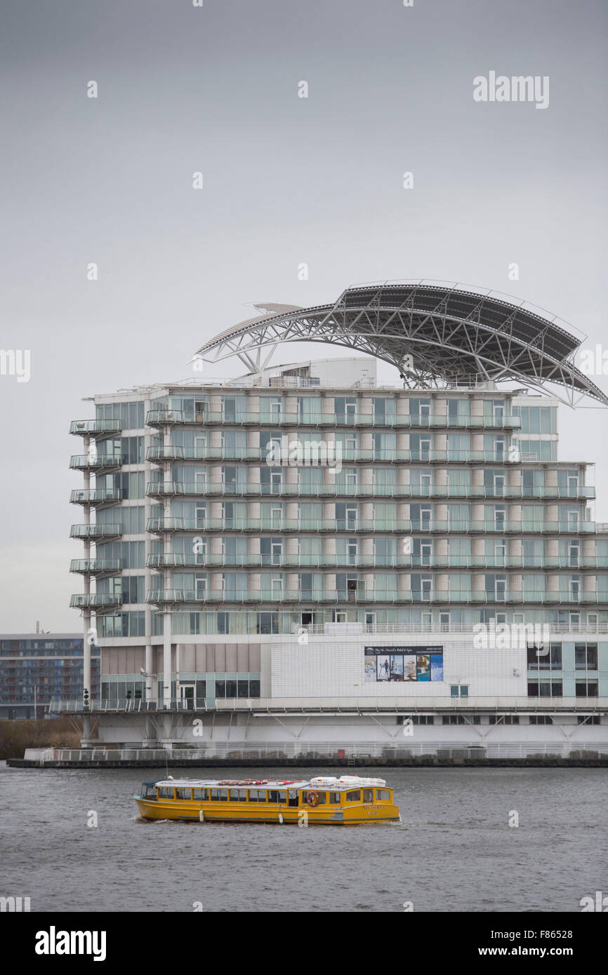 A waterbus in front of St. David's Hotel in Cardiff Bay, South Wales ...
