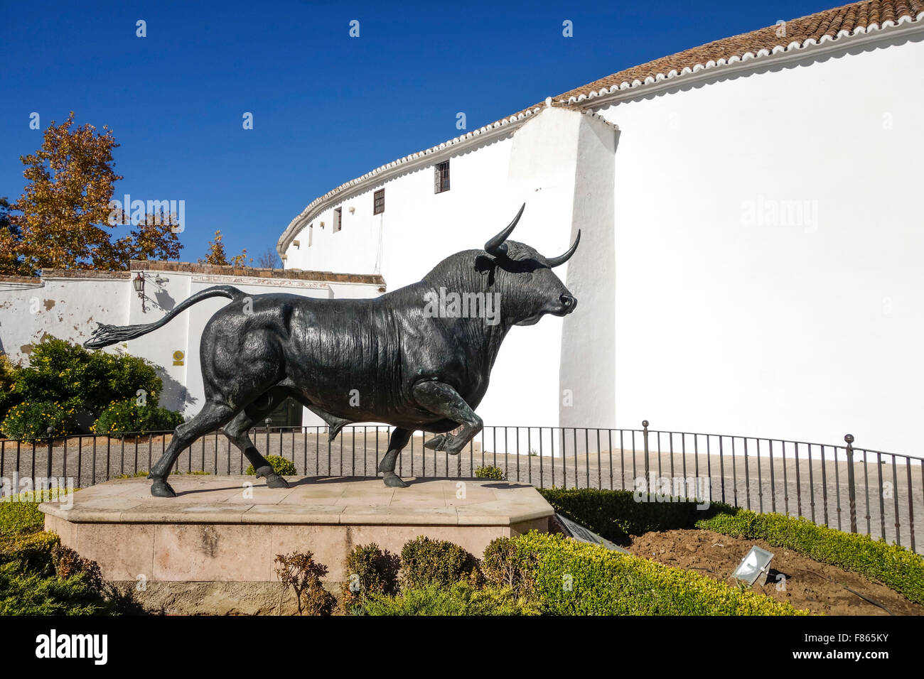 Statue of bronze fighting Bull, Toro, in front of Plaza de Toros de ...