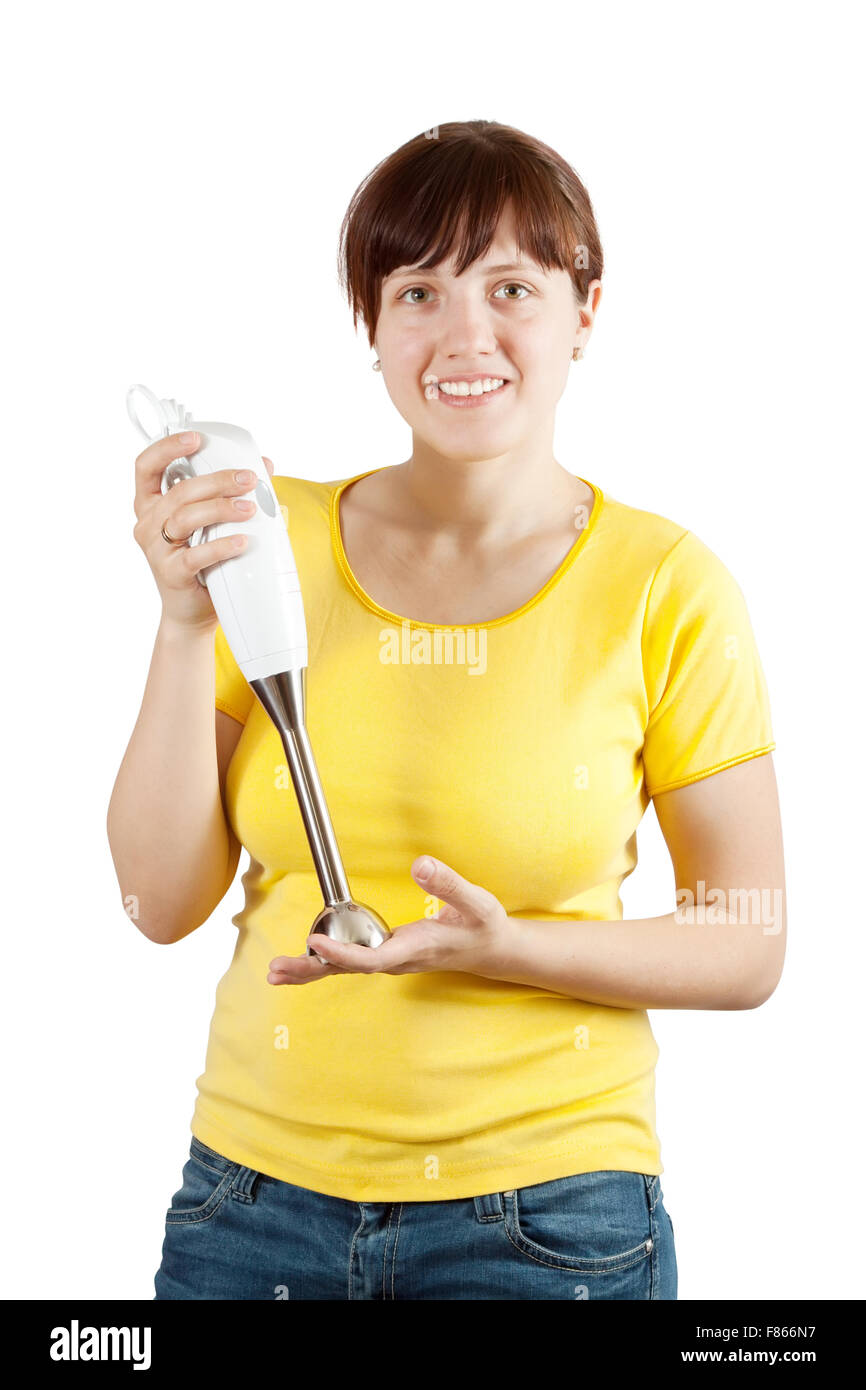 Woman with electric hand blender. Isolated ove white background Stock ...