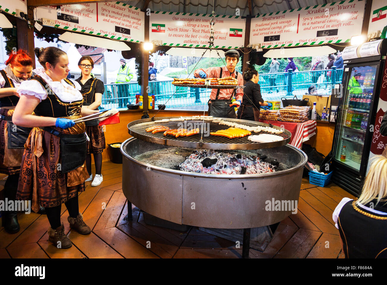 Bratwurst sausages cooking on barbecue pit German Germans selling ...