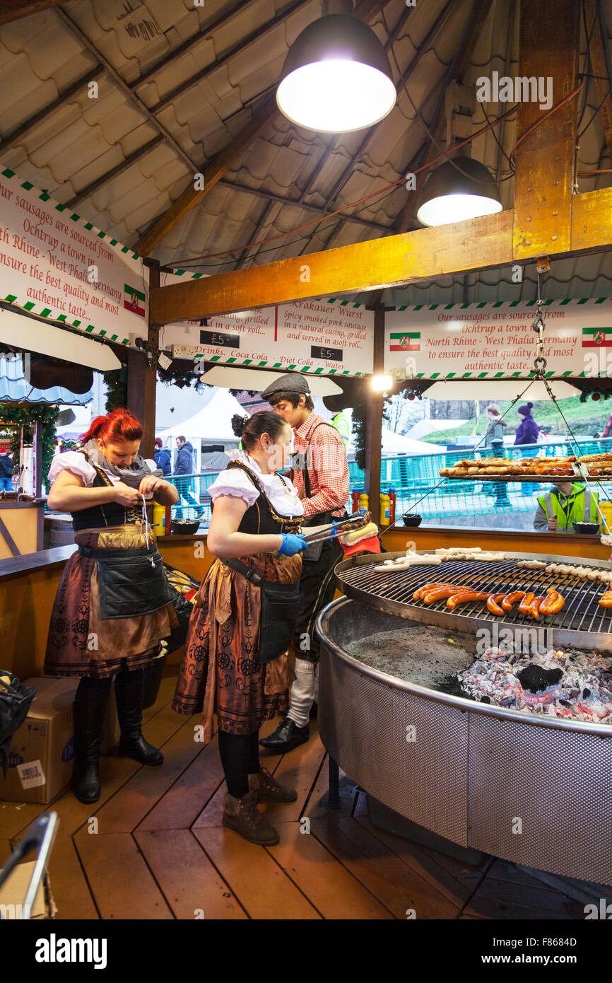 Bratwurst sausages cooking on barbecue pit German Germans selling ...