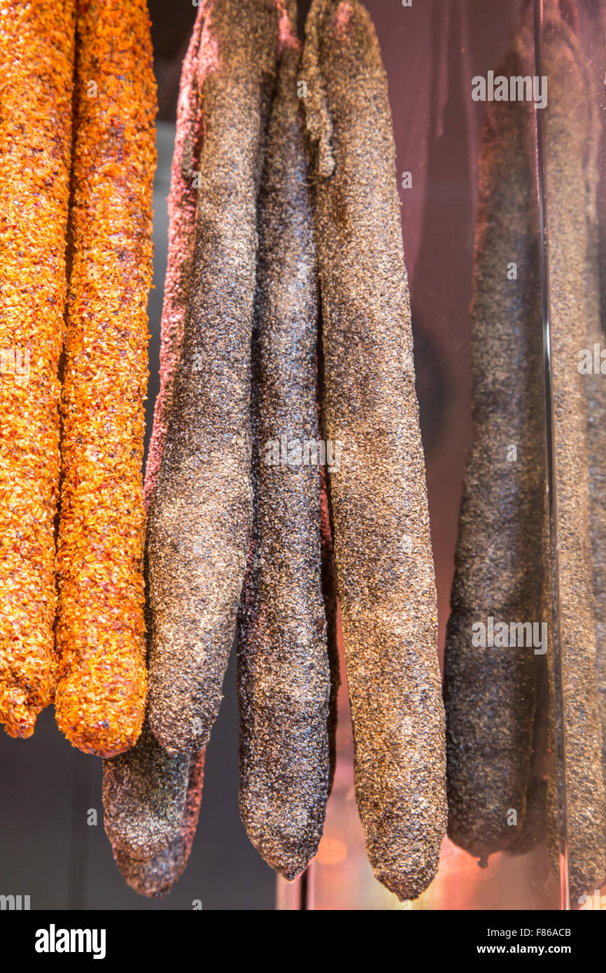 Catalan dry sausages, fuet market in Barcelona Stock Photo - Alamy