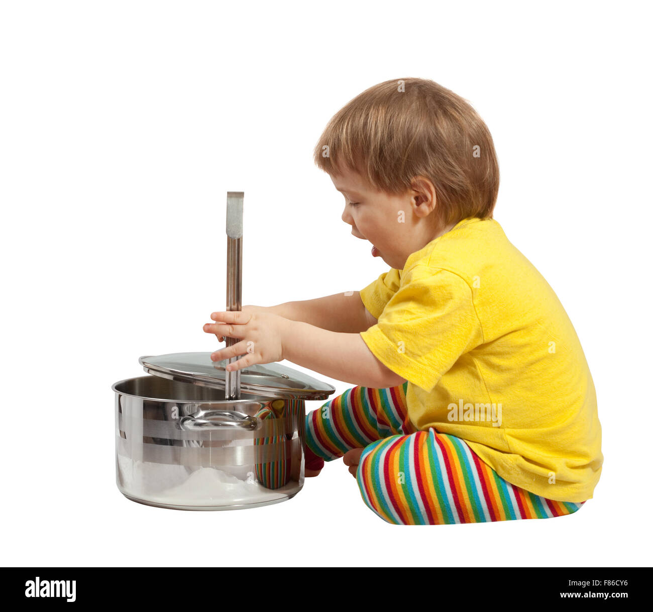 Baby cook with pan. Isolated over white background Stock Photo - Alamy
