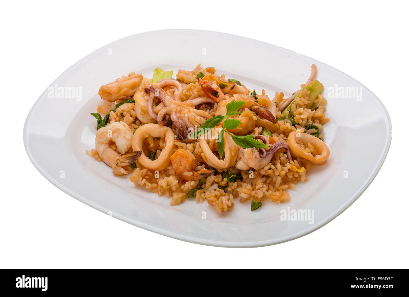 Rice with seafood isolated on white Stock Photo - Alamy
