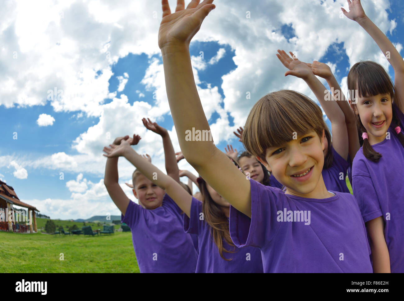 happy kids group have fun in nature outdoors park Stock Photo - Alamy