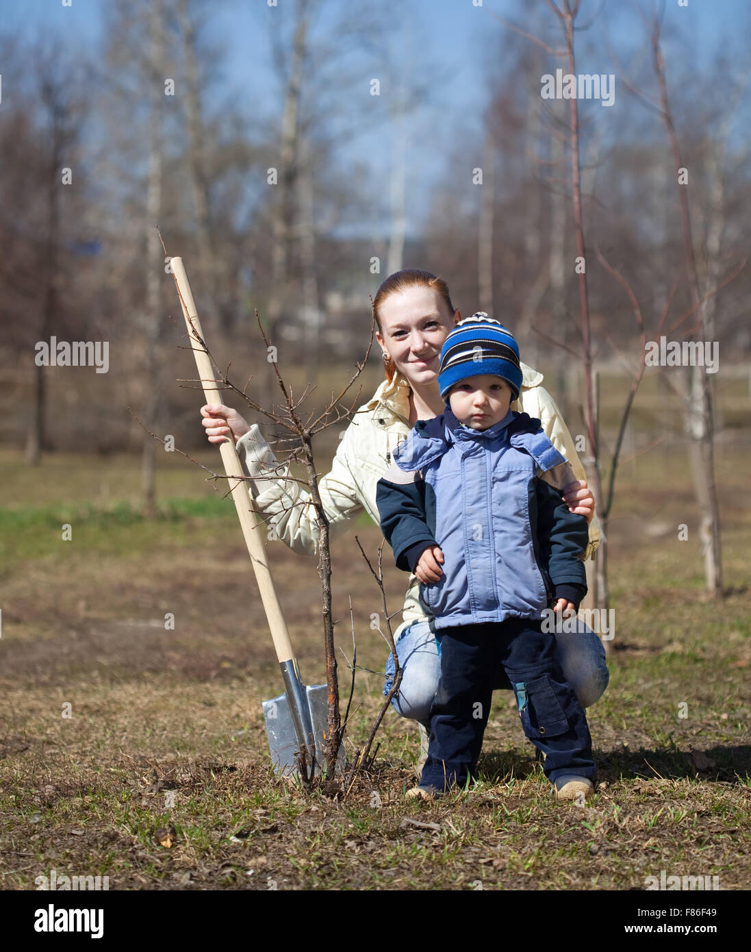 mother and son with spade outdoors planting tree Stock Photo - Alamy