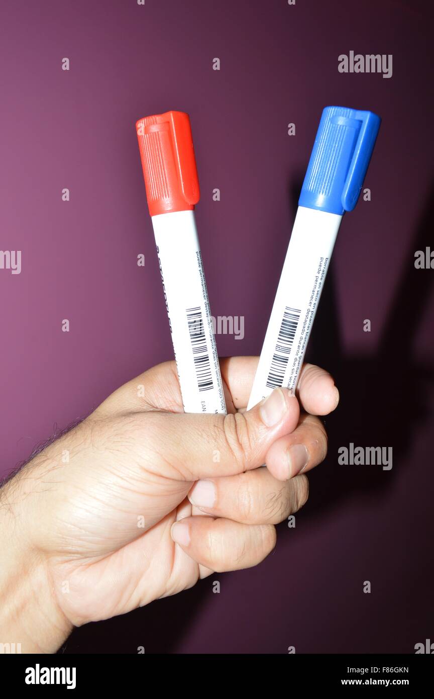 Multicolor pen set and white-board marker pen in human hand Stock Photo ...