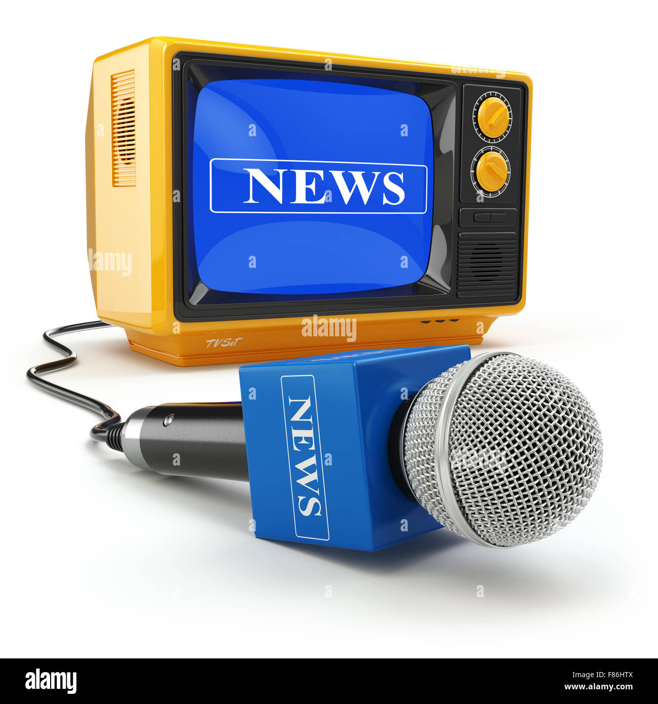 Tv news or reportage concept. Microphone and television. 3d Stock Photo ...