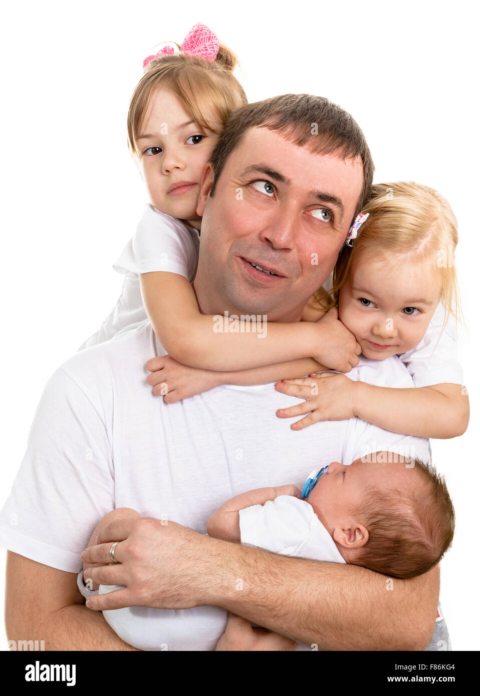 Portrait of a happy father, surrounded by three children Stock Photo ...