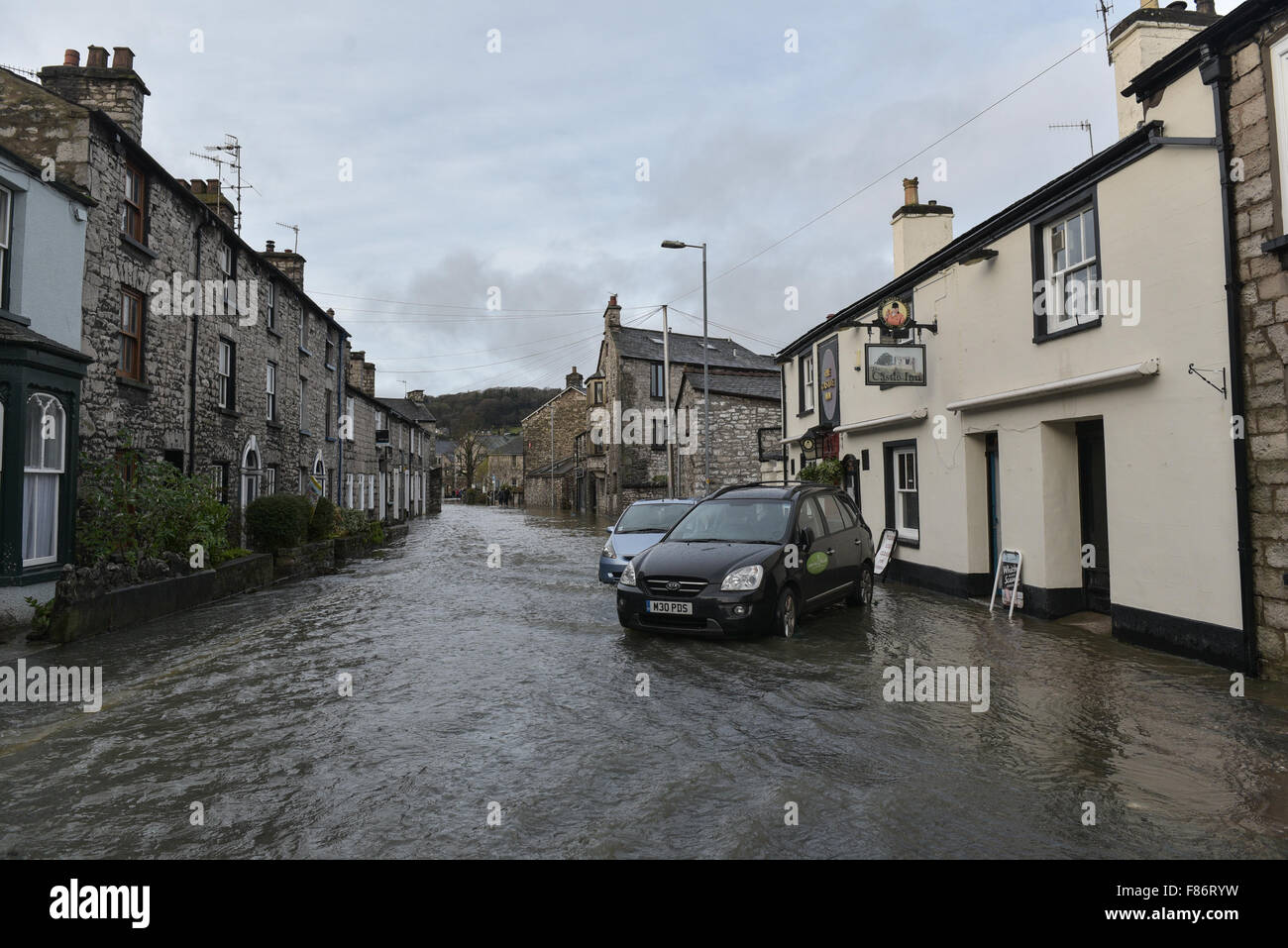 Kendal, UK. 06th Dec, 2015. Flooded Castle Street in Kendal. Storm ...