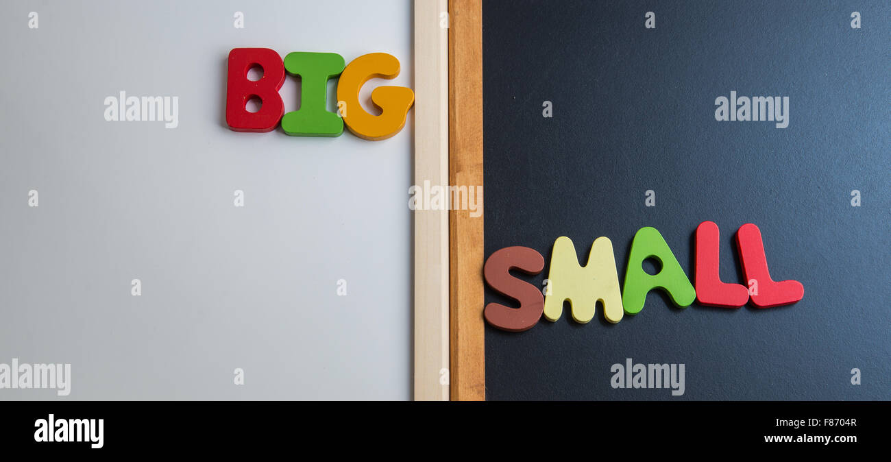 Wooden word BIG and SMALL on black board and white board Stock Photo ...