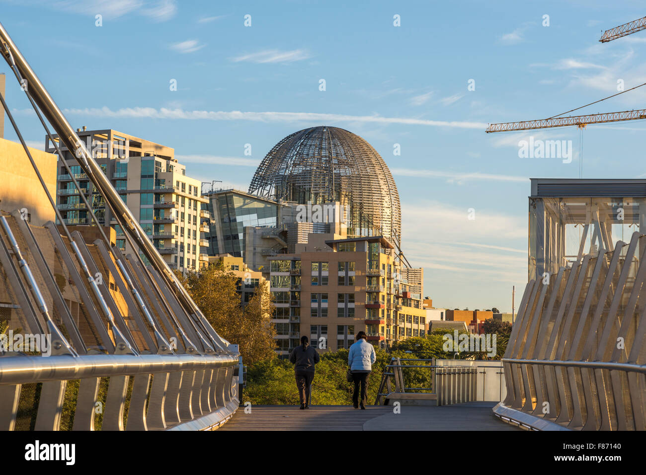 Harbor Drive Pedestrian Bridge and the domed Central Library. San Diego ...