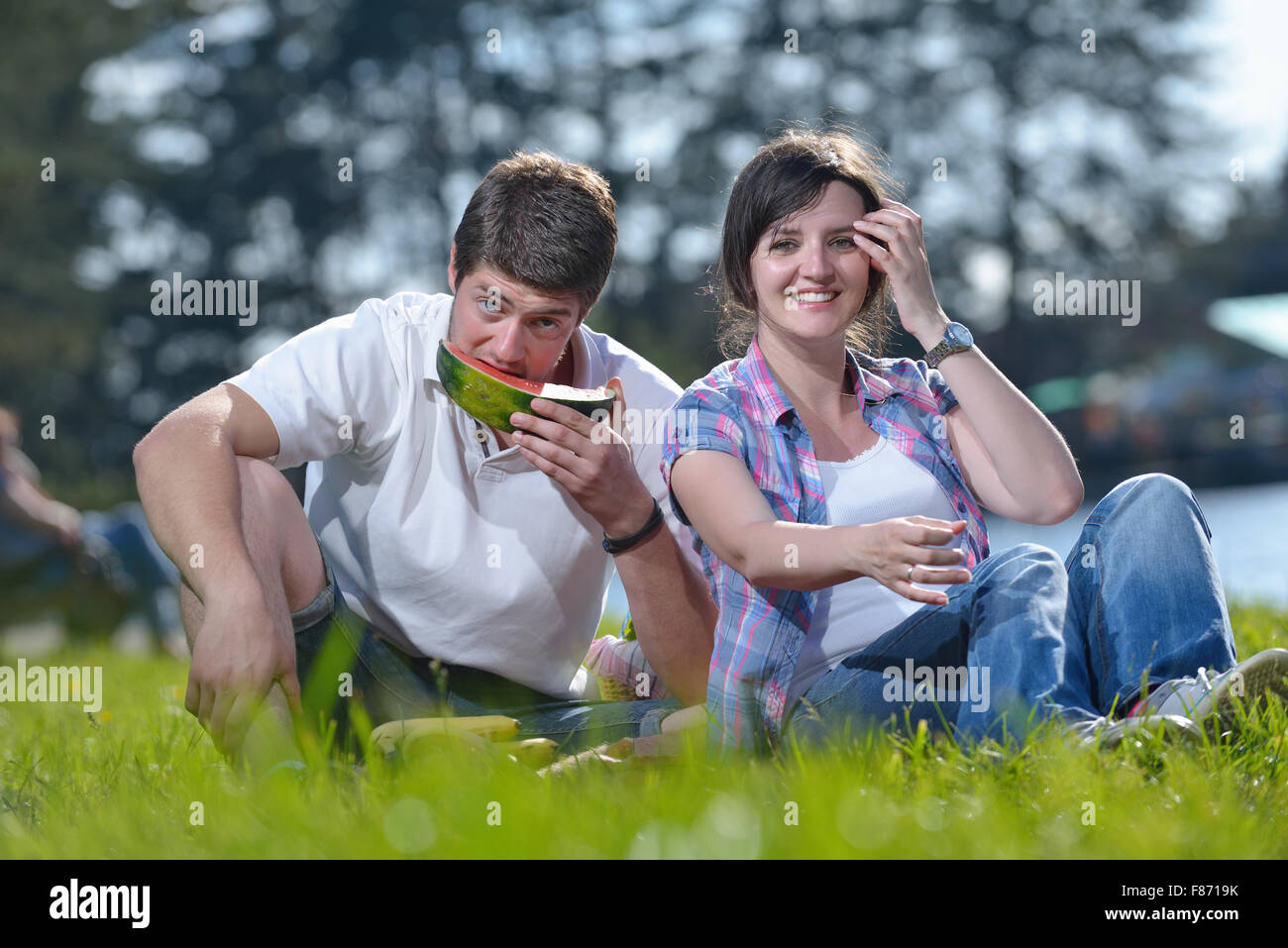 happy young romantic couple in love having a picnic outdoor on a summer ...