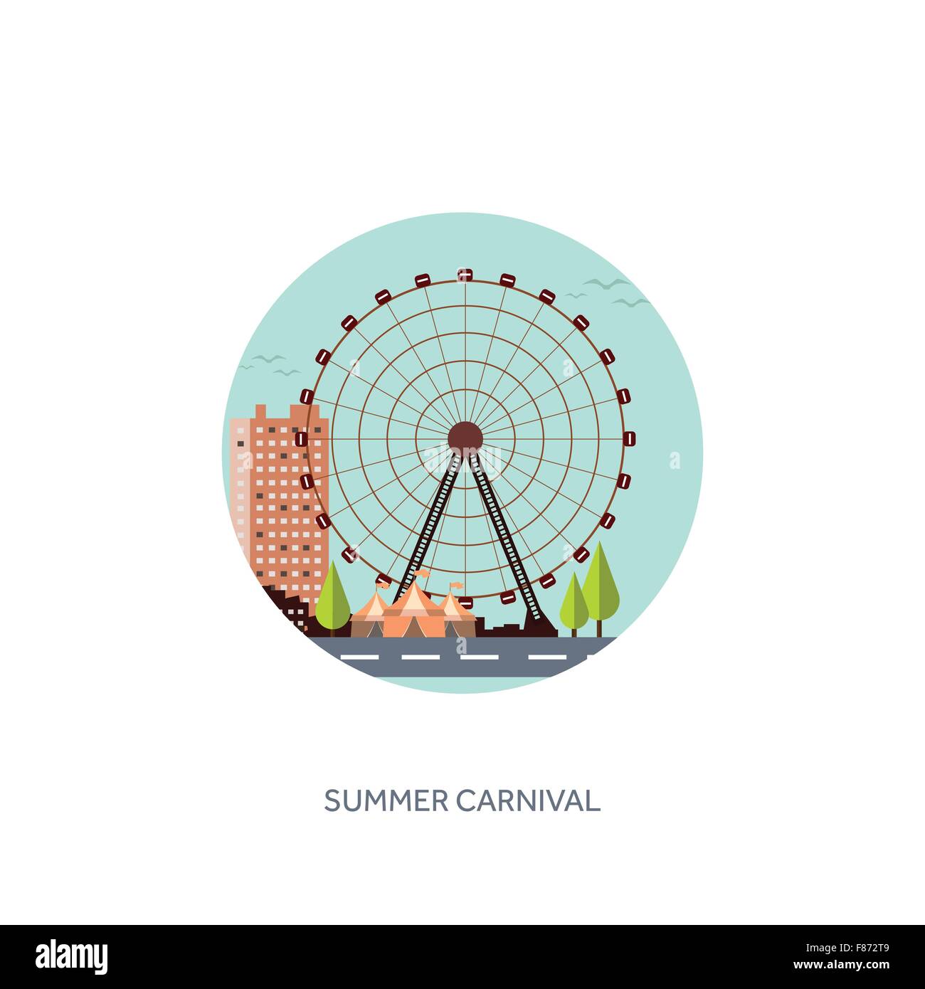 Vector illustration. Ferris wheel. Summer carnival. Funfair background ...