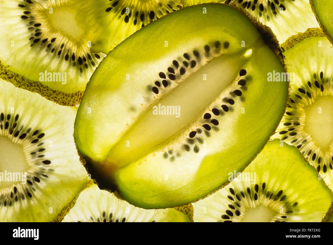 exotic kiwi fruit backlit in studio cut cross and longitudinal sections ...