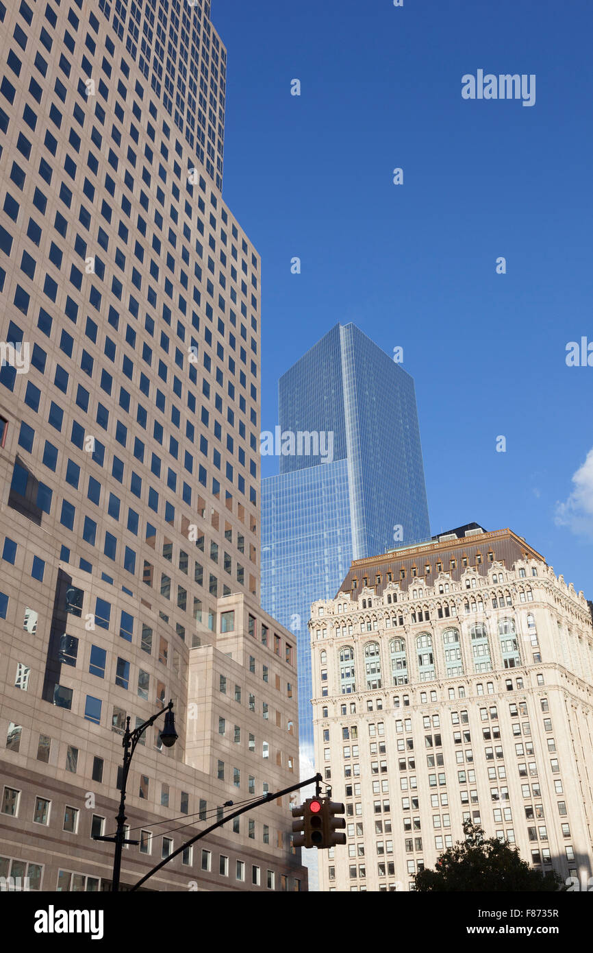 red traffic lights and high rise buildings in lower manhattan new york ...