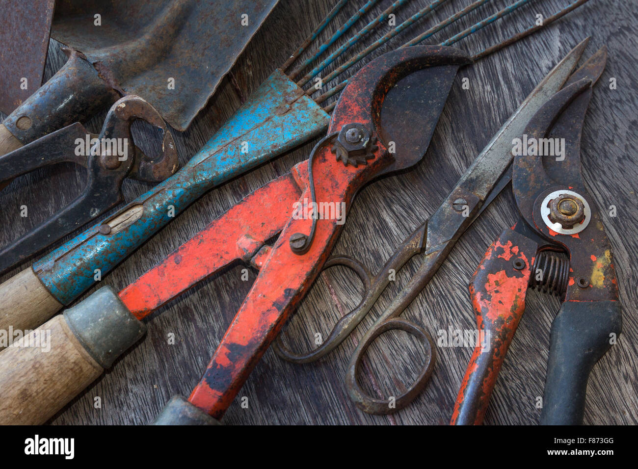Old rusty tools - dirty tools - vintage garden tools on wooden ...