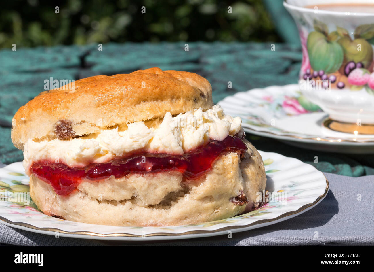 A fresh scone filled with whipped Cornish clotted cream and strawberry ...
