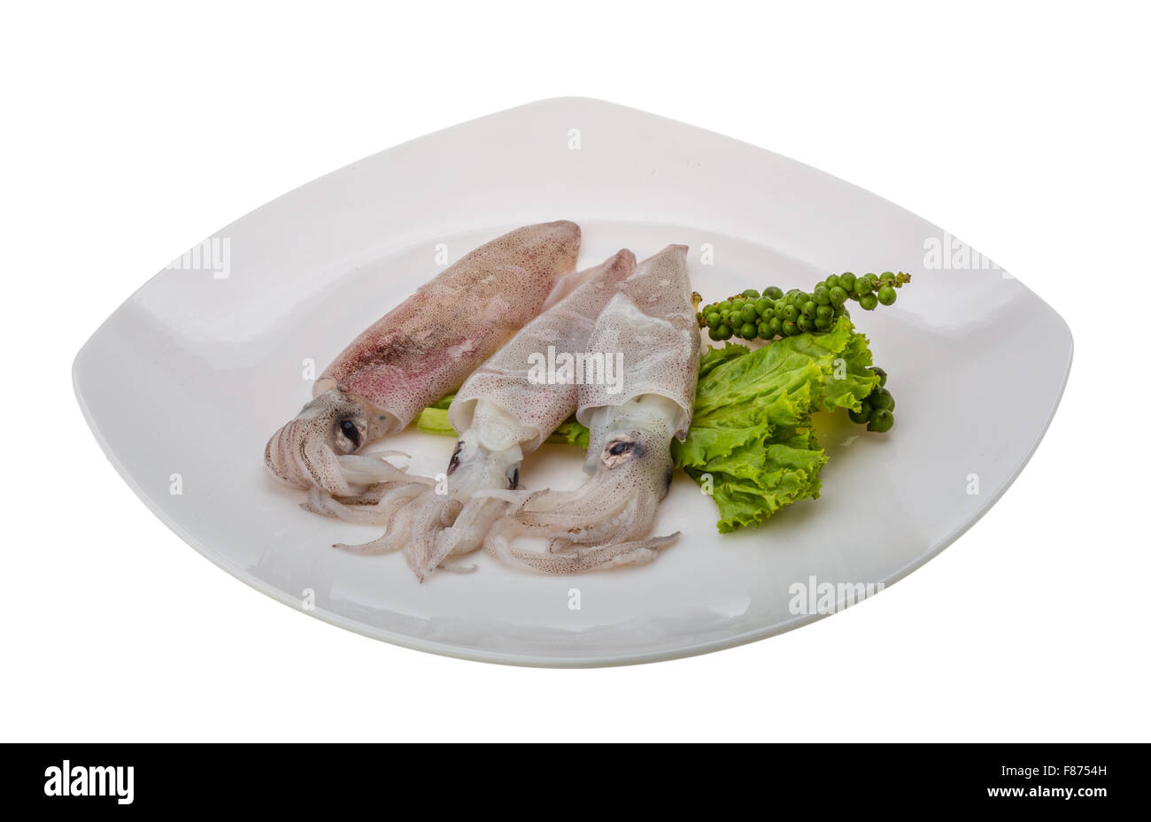 Raw calamari isolated on white background Stock Photo - Alamy