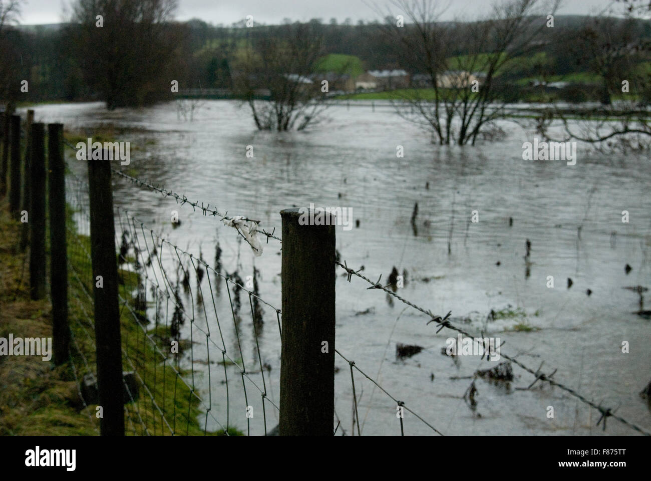 Flooded fields in Sawley, Lancashire after the River Ribble burst its ...