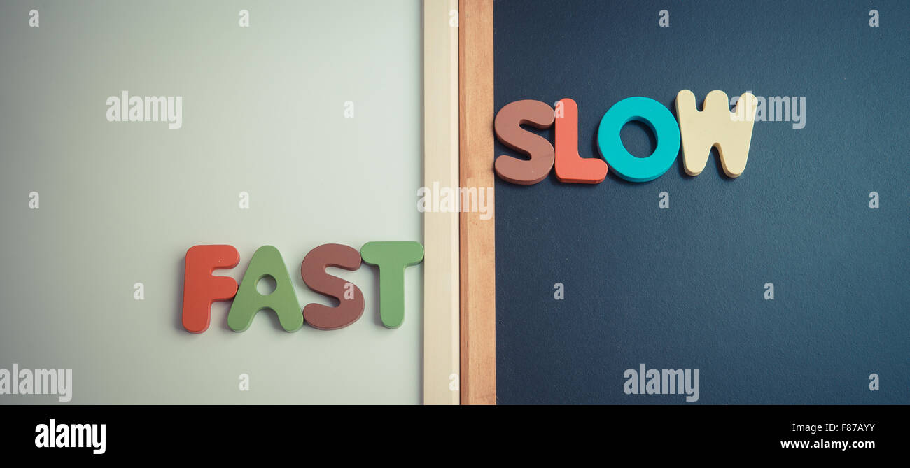 Wooden word FAST and SLOW on black board and white board in Vintage ...